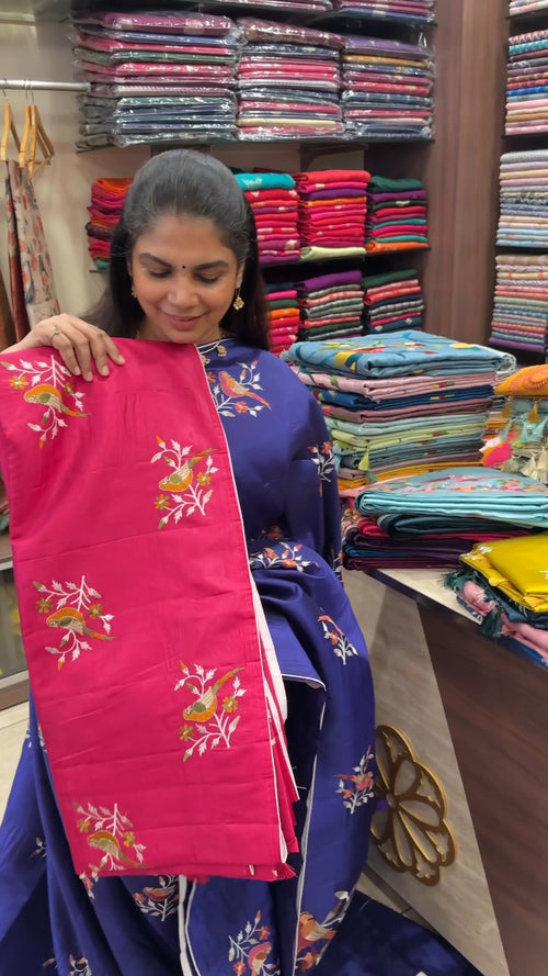 🤩Satin silk saree with elegant embroidery, featuring a smooth glos...