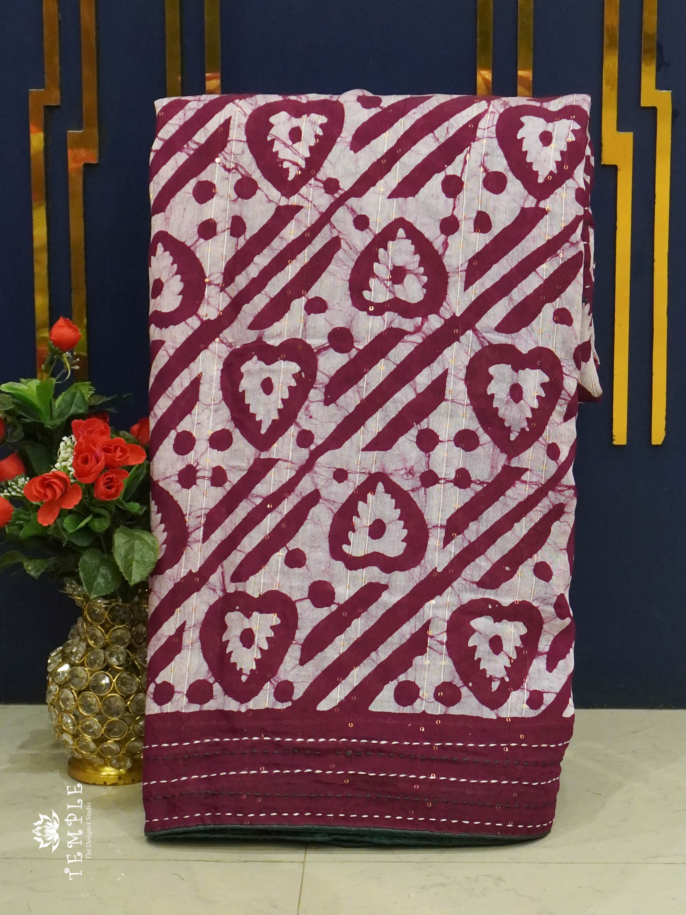 Batik Printed Saree With Kantha Work(Magenta) | TTDS1331 | Sparkling D